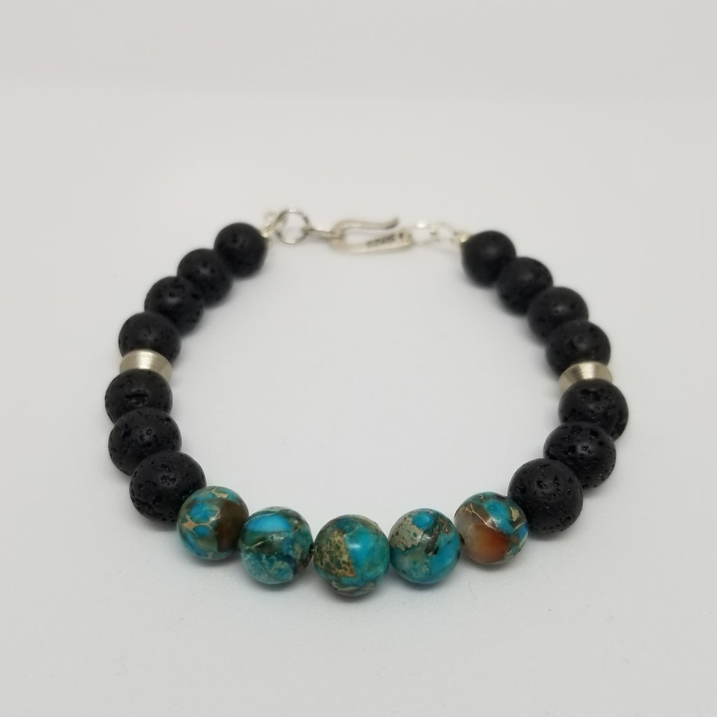 Imperial Turquoise Jasper and Black Lava (10mm) Saucer Sterling Silver ...